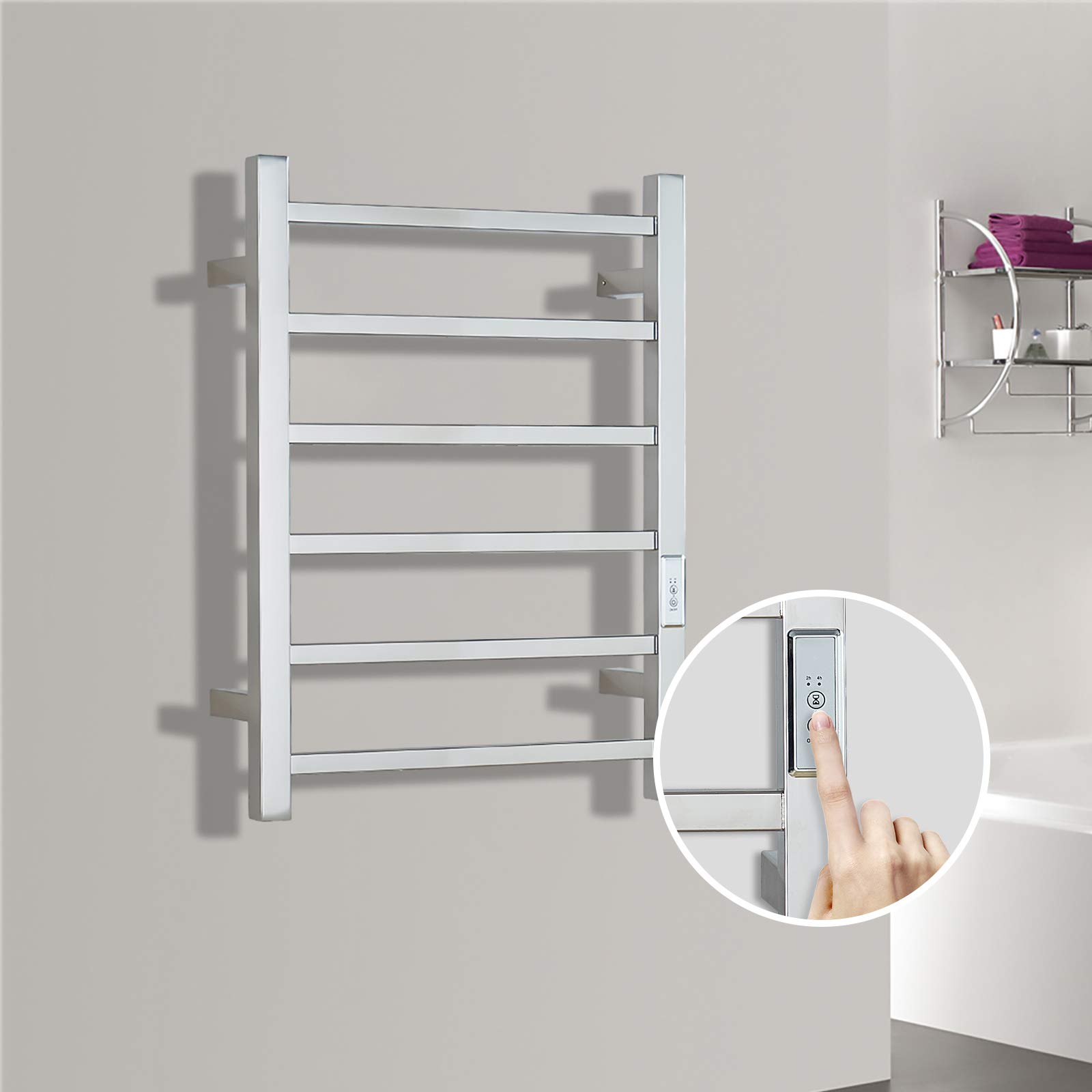 FUREX Towel Warmer 6 Bar Electric Heated Towel Rack Wall Mount Plug-in/Bath Towel Heater (Mirror Polish - Timer)