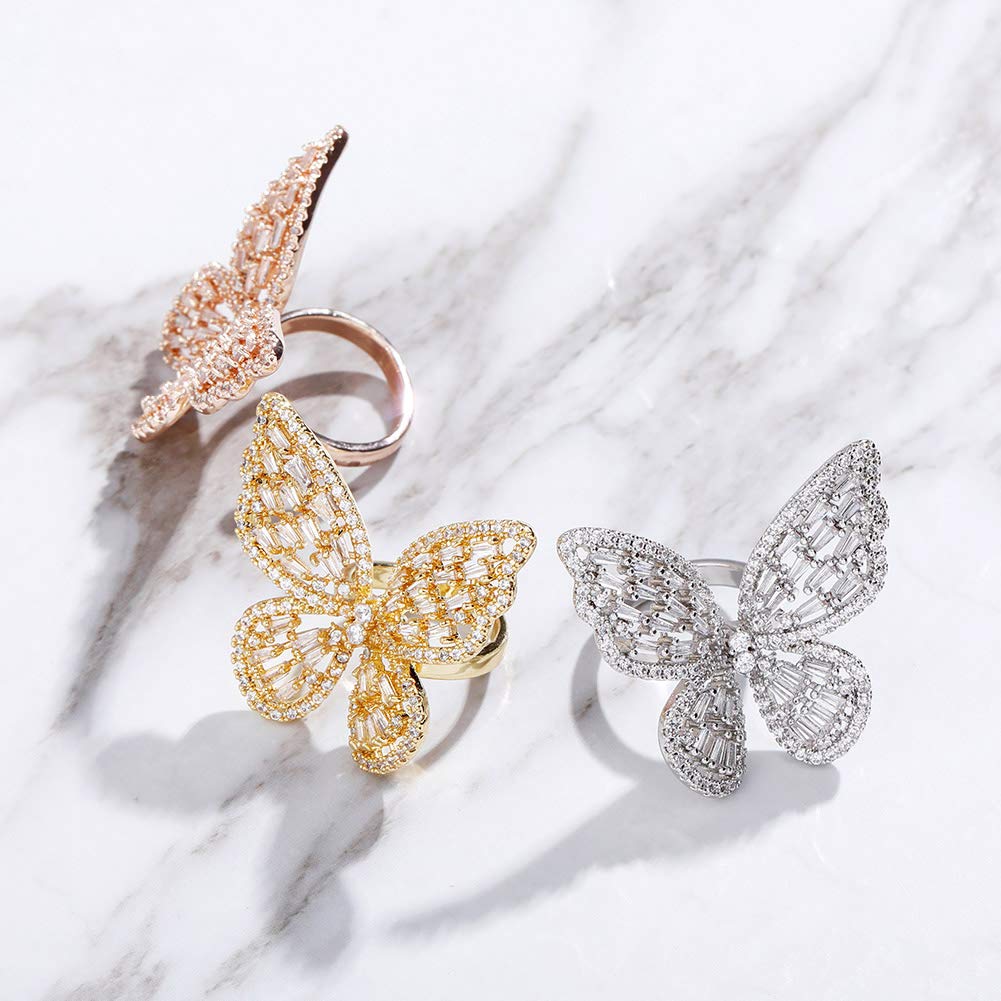 Ayaoch Sterling Silver Adjustable Butterfly Rings for Women Cubic Zirconia Ring Jewelry (silver)