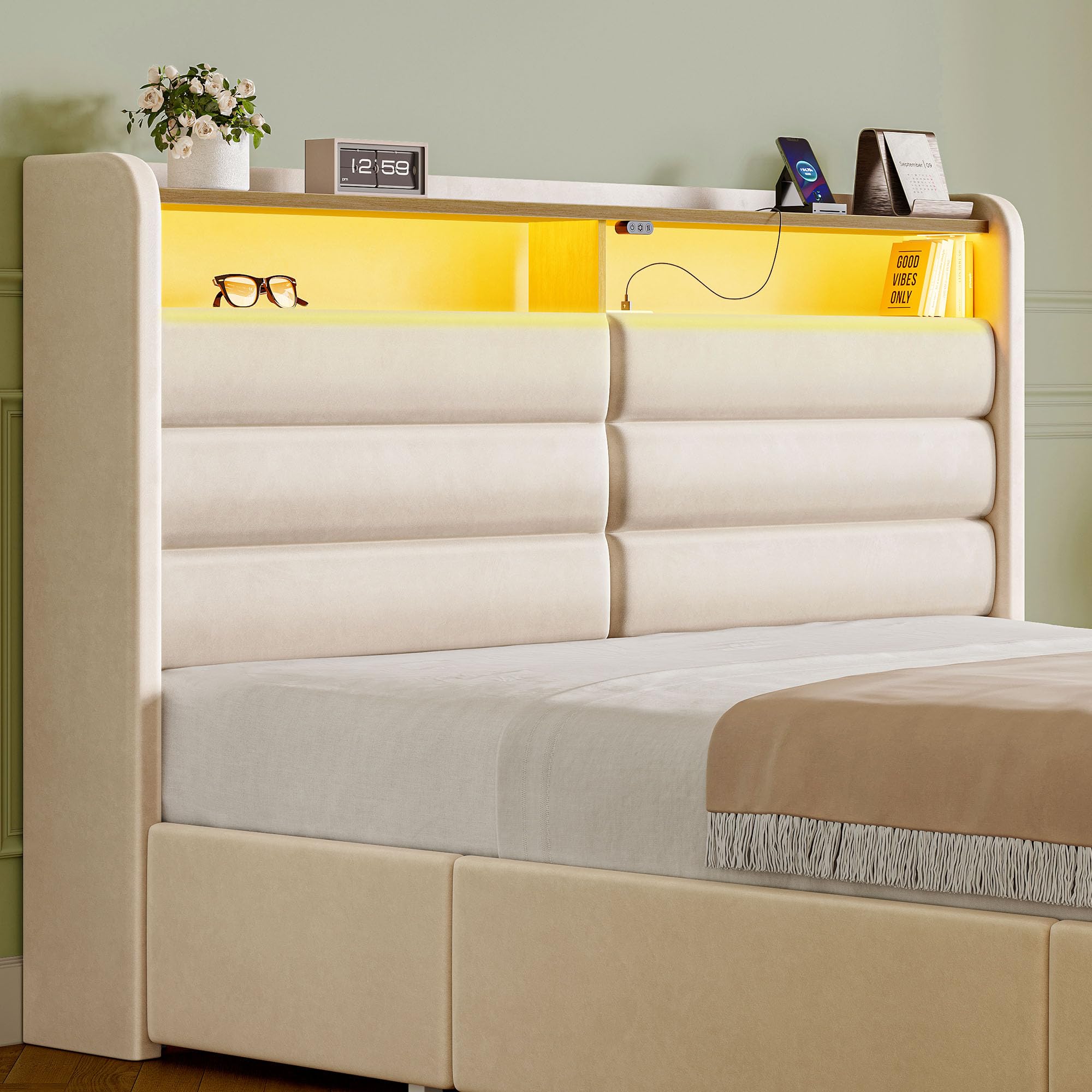 Seventable Full Size Bed Frame with 4 Storage Drawers & Charging Station, Upholstered Platform Bed with Storage Headboard and LED Light, No Box Spring Needed, Noise Free, Easy Assembly, Cream White