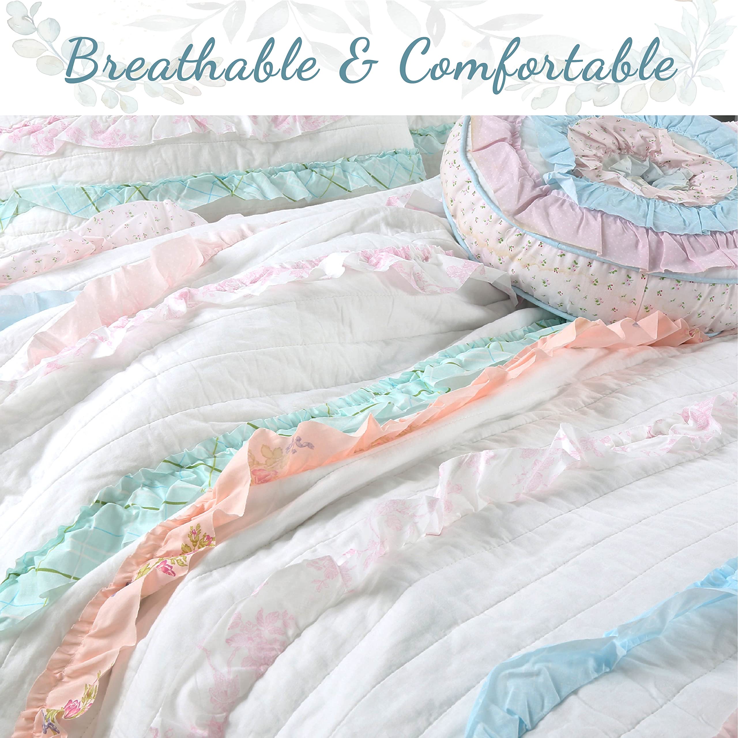 Cozy Line Home Fashions Light Pink Blue Coral White Ruffle 100% Cotton Reversible Girl Quilt Bedding Set, Reversible Coverlet Bedspread (Shabby Chic, Queen - 3 Piece)
