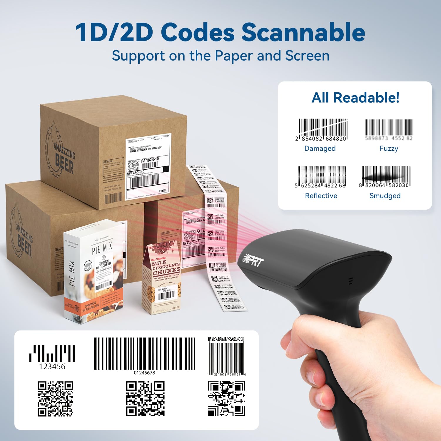 Bluetooth Barcode Scanner, iDPRT 1D 2D QR Wireless Barcode Scanner, Handheld UPC EAN Label Screen Reader with Android iOS Windows, USB Wired, Rechargeable for Retails Supermarket Warehouse Library
