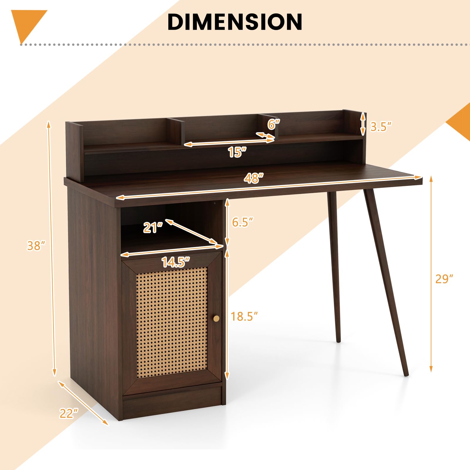 Tangkula Mid Century Desk with Hutch, 48” Writing Study Desk with PE Rattan Storage Cabinet & Shelves, Laptop PC Desk with Rubber Wood Legs, Compact Computer Workstation for Home Office (Brown)