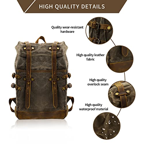 CRUITBILI Waxed Canvas Leather Hiking Travel Waterproof Backpack For College Weekend Travel Fit 15in Laptops (Army Green)
