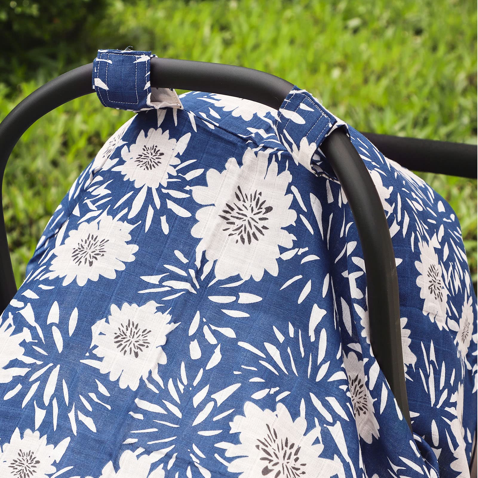 Baby Car Seat Cover Muslin Carseat Canopy for Girl Lightweight Breathable Thin Summer Blue Chamomile Print