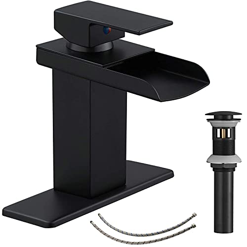 Black Faucet Bathroom, Bathfinesse Matte Black Bathroom Sink Faucet with Pop-up Drain and 2 Supply Hoses, Stainless Steel Lead-Free Faucet for Bathroom Sink Basin Vanity