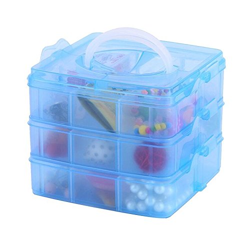 DJUNXYAN 3-Tier 18 Sections Transparent Stackable Adjustable Compartment Slot Plastic Craft Storage Box Organizer For Toy Desktop Jewelry Accessory Drawer Or Kitchen 4 Colors 3 Sizes (Medium Blue)