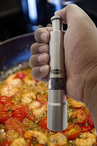 Avryware Stainless Steel Refillable Spice Grinder Mill For Salt, Pepper, and Seasoning - Thumb Operated Push Button For One Hand Grinding