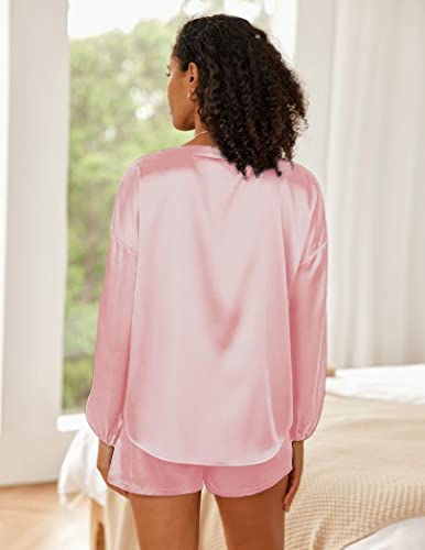 Ekouaer Womens Silk Satin Pajamas Set Long Sleeve Top Summer Soft Two Piece Pjs Silky Sleepwear Light Pink Small