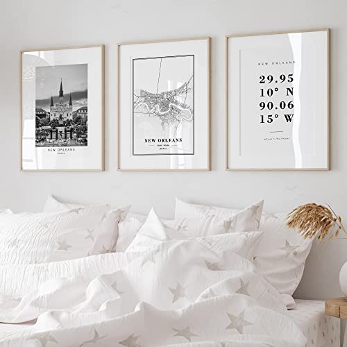 Dear Mapper New Orleans United States View Abstract Road Modern Map Art Minimalist Painting Black and White Canvas Line Art Print Poster Art Print Poster Home Decor (Set of 3 Unframed) (12x16inch)