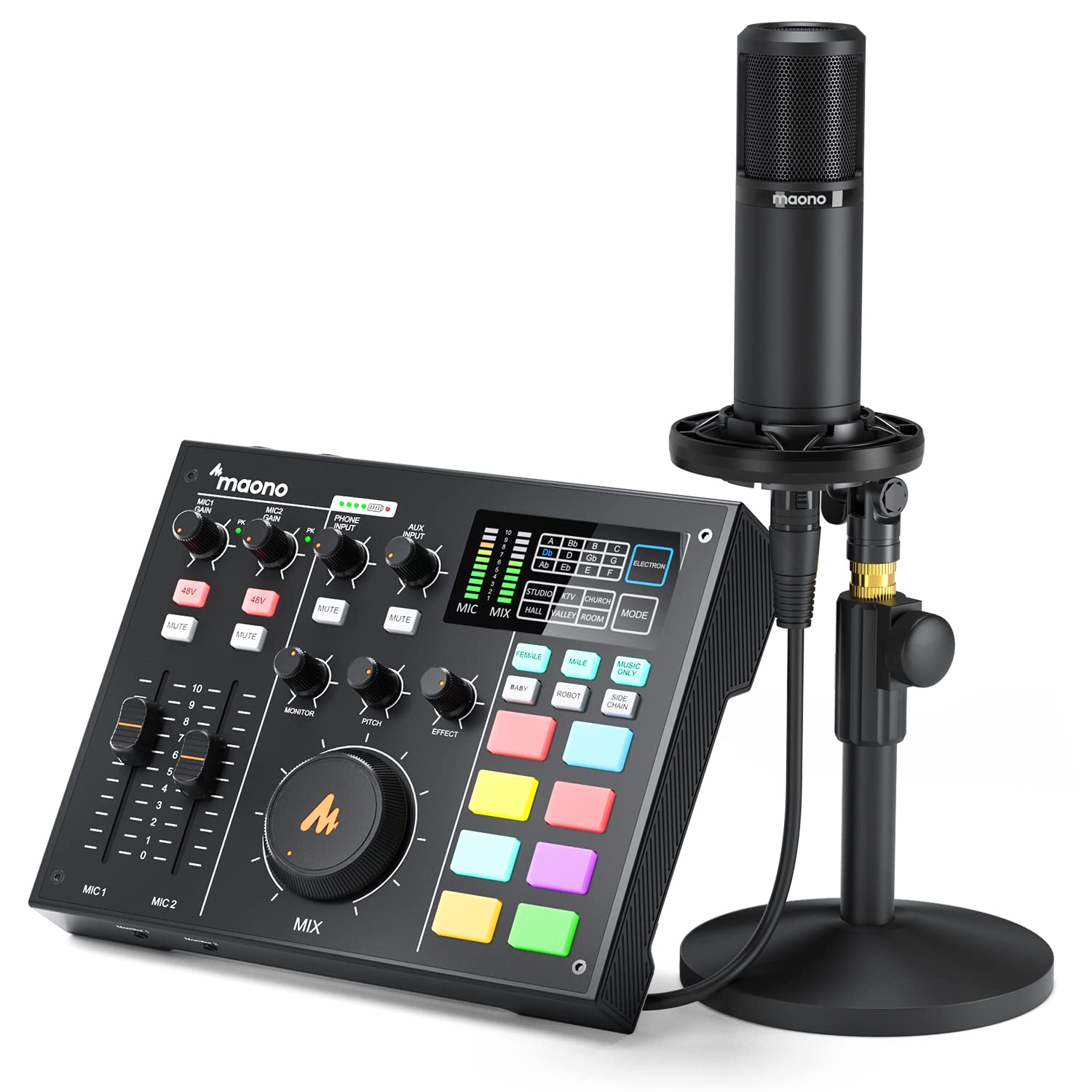 Audio Interface with DJ Mixer and Sound Card, Maonocaster Portable ALL-IN-ONE Podcast Production Studio with XLR Condenser Microphone for Guitar, Live Streaming, PC, Recording, and Gaming (AM100 K0)