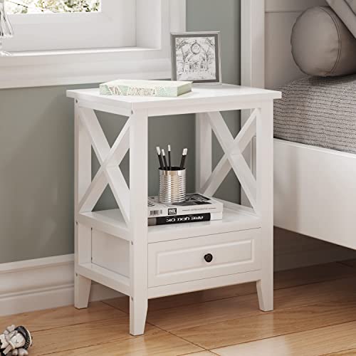 Catrimown White Nightstands Set of 2 End Table with Drawer and Storage Shelf, End Table Set of 2 White Nightstand Bedside Table with X-Shape Sides Nightstand End Table for Bedroom Living Room, White