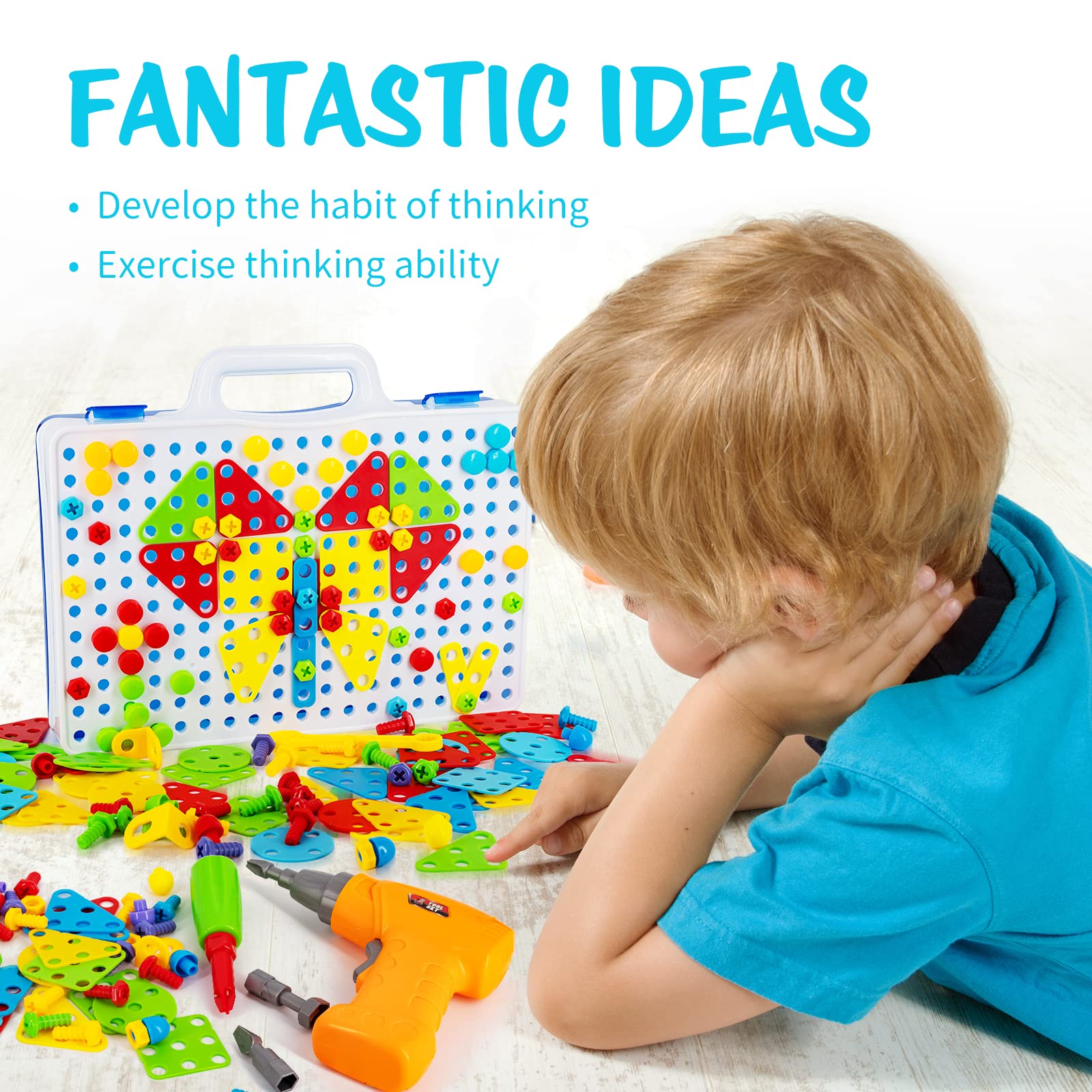 Haifeng STEM Educational Toys for 3-8 Year Old, Creative Mosaic Drill Set for Kids, DIY Electric Drill Puzzle Toys, 3D Construction Games with Toy Drill, Engineering Building Kits for Boys and Girls