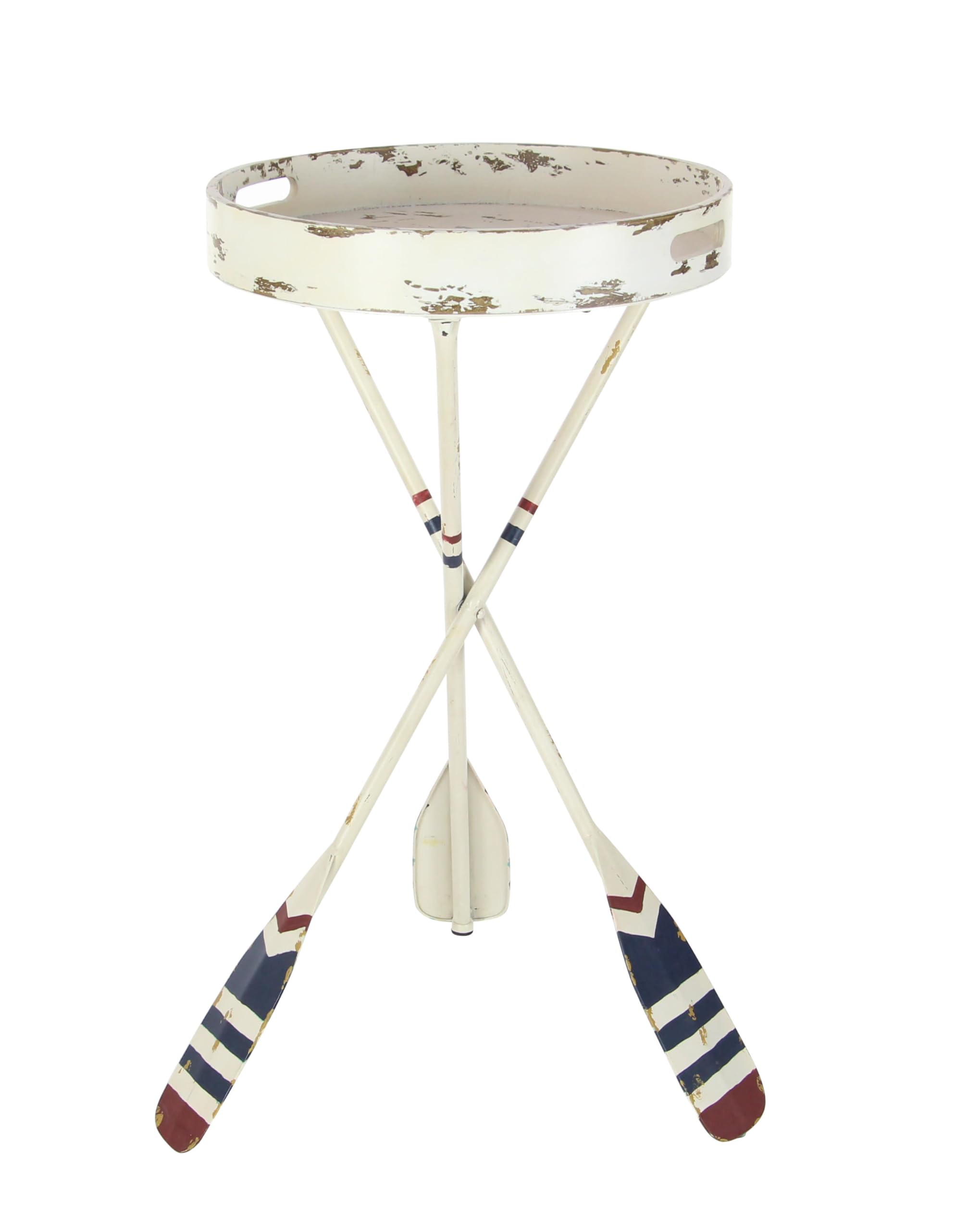Deco 79 Metal Paddle Side End Accent Table Distressed Striped End Table with Navy and Red Striped Oar Legs, Side Table 16" x 16" x 28", White