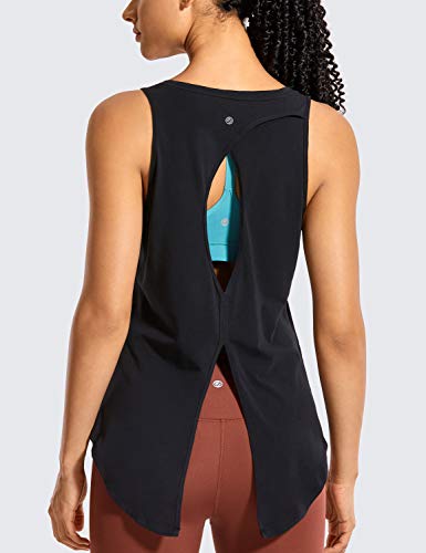 CRZ YOGA Women's Pima Cotton Workout Tank Tops Tie Back Sleeveless Shirts Yoga Athletic Open Back Sport Gym Tops Black Small
