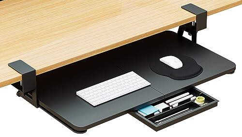 CALASK Desktop Keyboard Tray with Mouse Pad, Under Desk Pull Out, 26.77" X 11.81" Large Size Keyboard Tray with C-Clip Mount, Easy Installation, Computer Keyboard Stand, for Home Study and Office