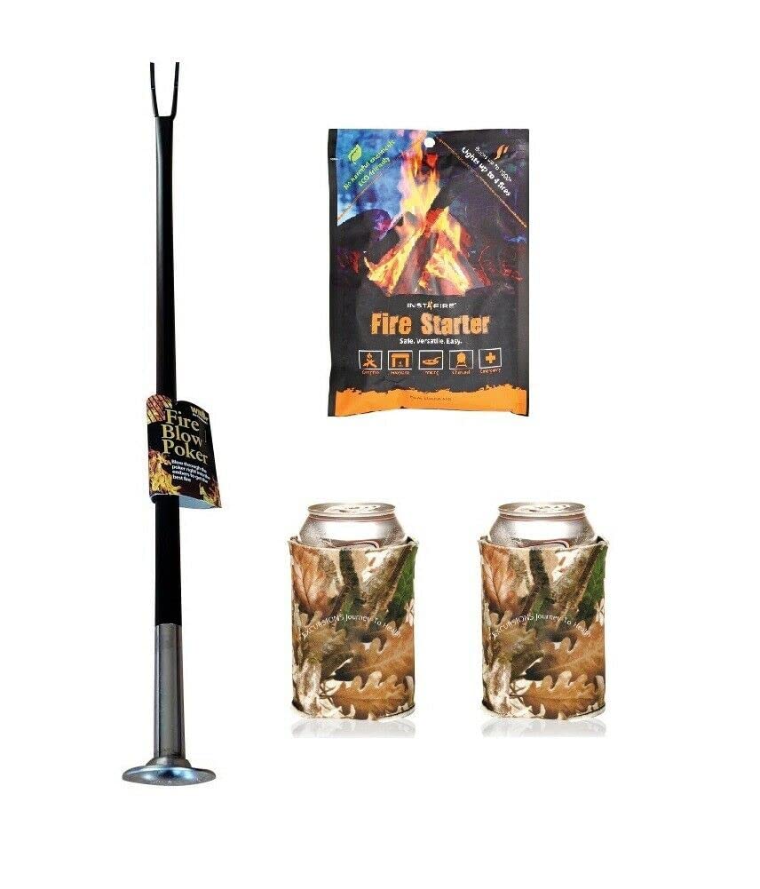 Fireplace Blow Poker Bundle with InstaFire Starter - All in one Fire Poker, Blow Poke, Rake Tool