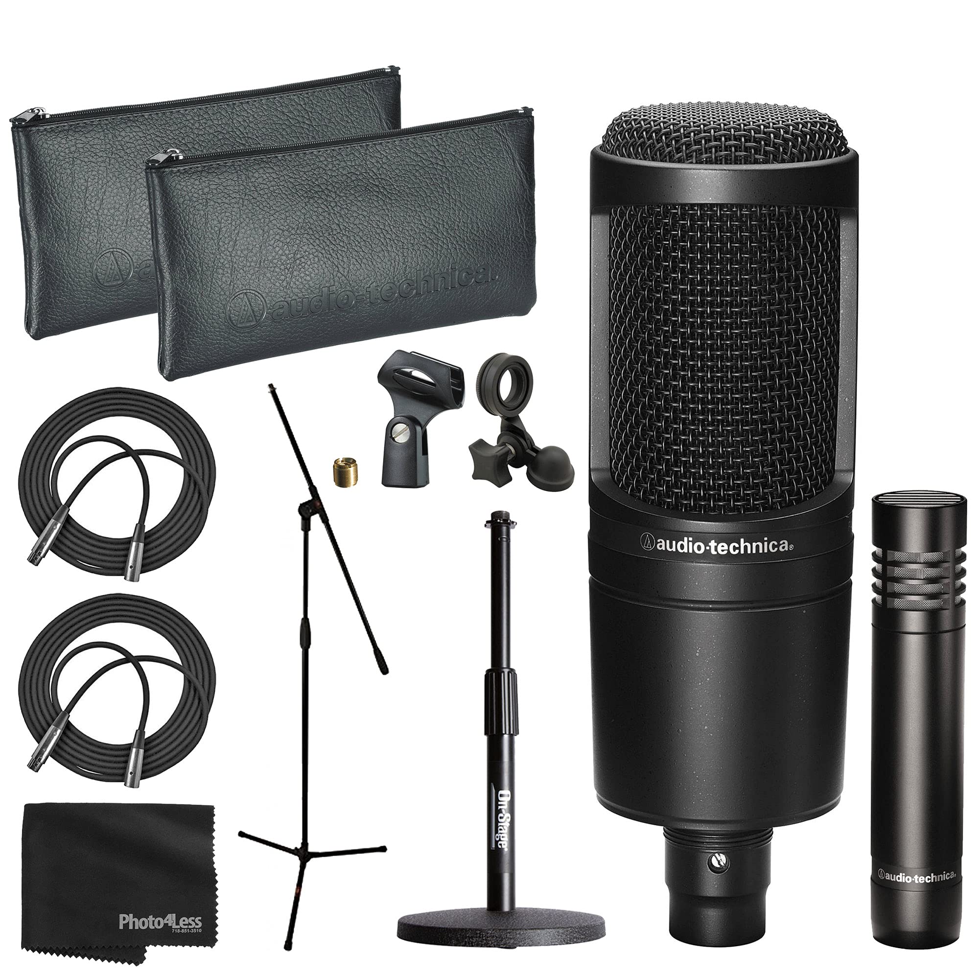 Audio Technica AT2041SP Cardioid Condenser Studio Microphone Pack Bundle with Desk Microphone Stand + Tripod Base Mic Stand with Boom + 2X Mic Cable XLR-M to XLR-F + Cloth- Top Value Bundle