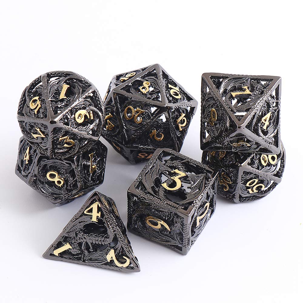 hong hui Pure Copper Hollow Metal Dice Set DND Polyhedral D&D Dragon Dice for Dungeons and Dragons Pathfinder Shadowrun Role Playing Games dice RPG Black Gold