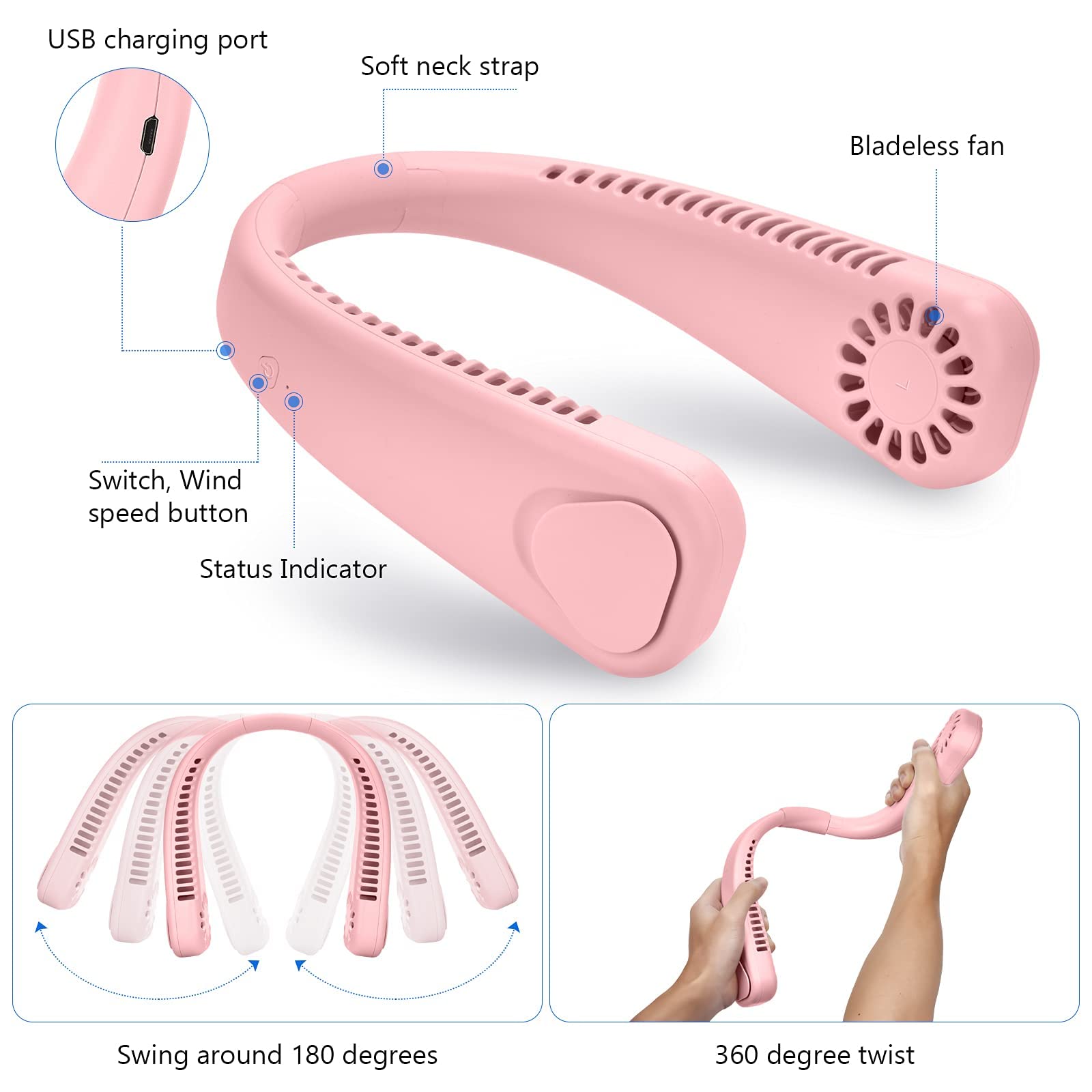 AuDafu,Personal Fans,Portable Neck,Bladeless Rechargeable Fan,USB Powered Fan,3 Speeds,(Pink)