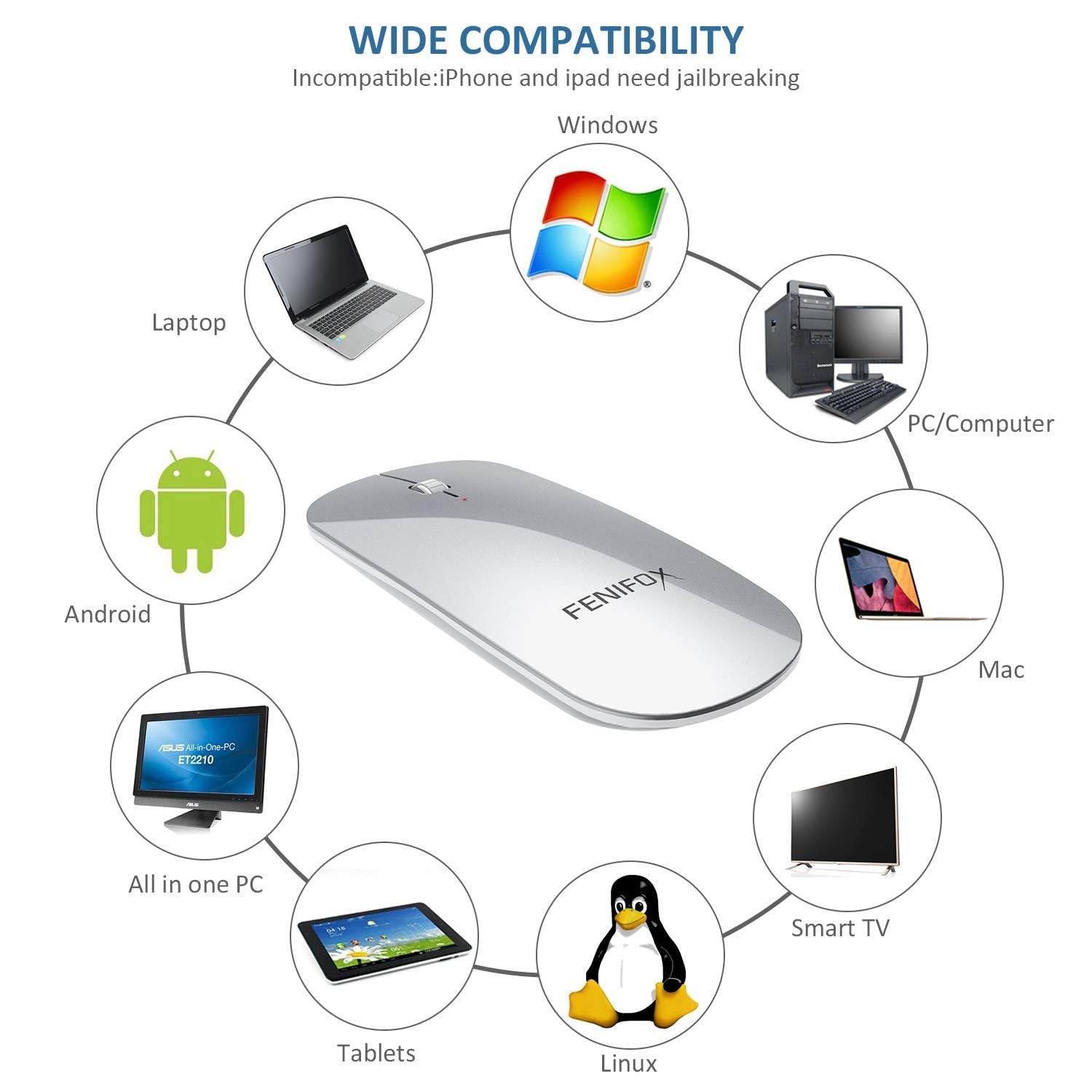 FENIFOX Bluetooth Mouse, Slim Mini Portable Flat Travel Wireless Mouse Rechargeable Quiet Ultra-Thin Mice Compatible with Laptop,Tablet,Notebook,PC (Silver and White)