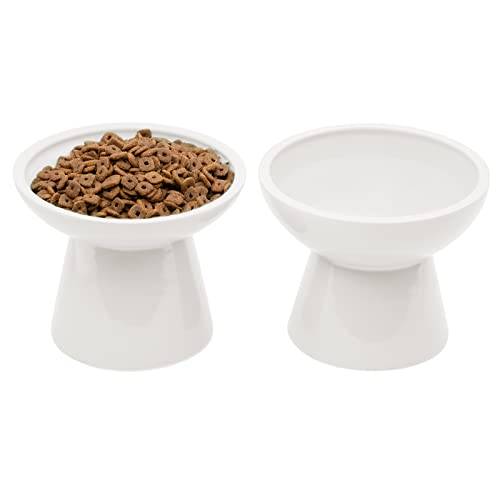 CEEFU 2 Extra Wide Raised Cat Food Bowl, Elevated Anti-Vomiting Cat Feeder Whisker Stress-Free Dog Two Bowls Ceramic Cat Feeding Bowls White