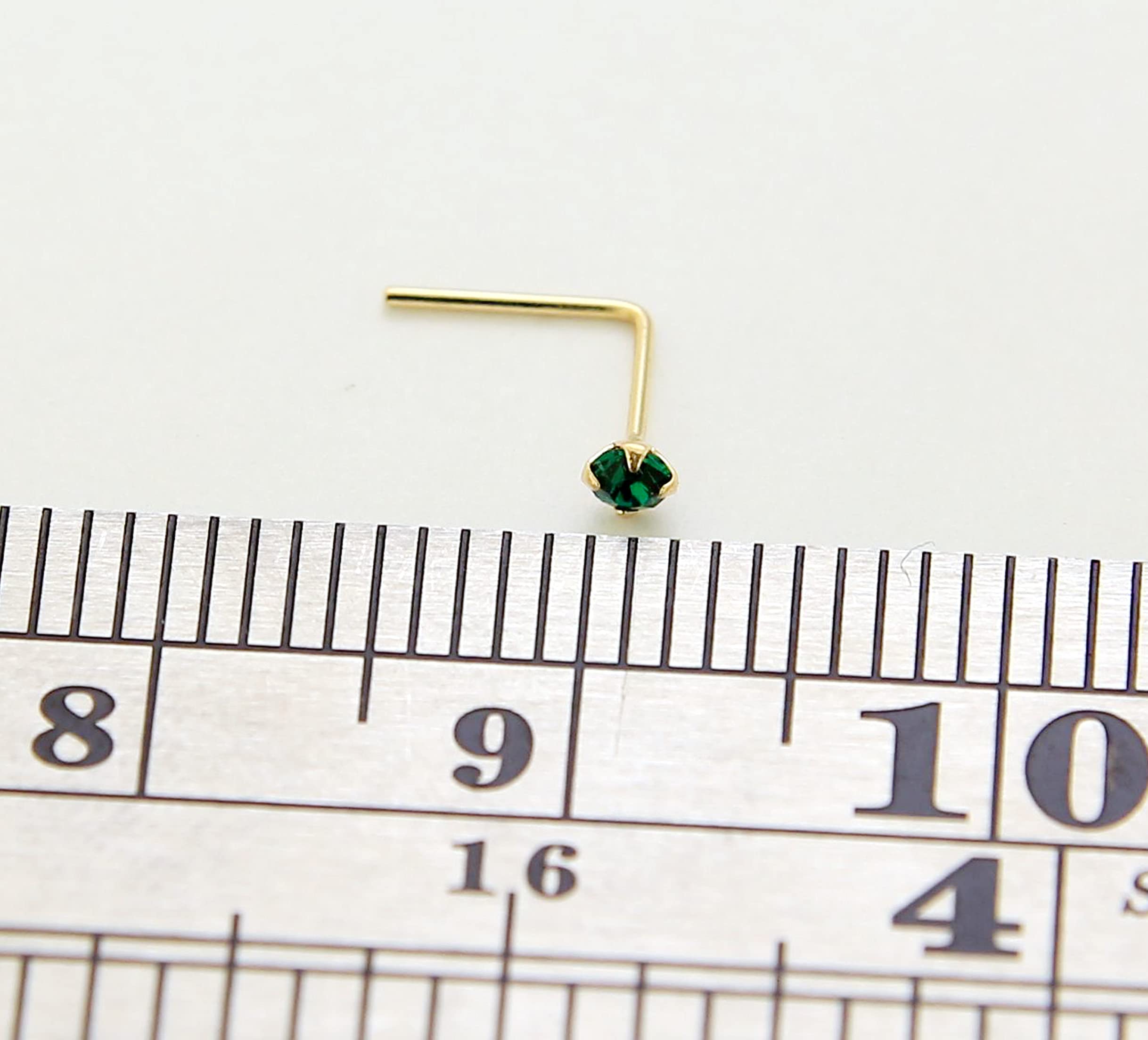 AtoZ Piercing - 9K Solid Yellow Gold Claw Set 2MM Emerald Green Crystal Stone 22 Gauge L Bend Nose Stud Piercing Jewelry