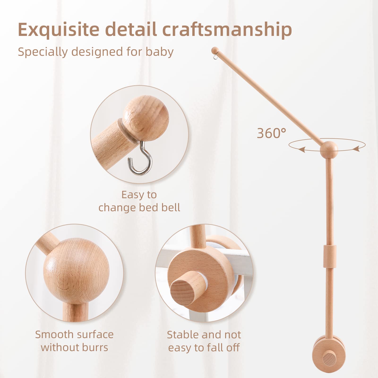 Baby Crib Mobile Arm - Wooden Baby Mobile Crib Holder 31 inch for Mobile Hanging Baby Crib Attachment for Nursery Decor