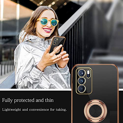 Compatible with Oppo Reno 6 Pro Case Silicone Shockproof Phone Cases for Oppo Reno 6 Pro 5G Anti-Scratch Cute Protective Case with Ring (Black, Oppo Reno 6 Pro 5G)
