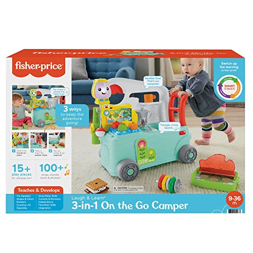 Fisher-Price HCK56​​ Laugh & Learn 3-in-1 On-The-Go Camper - UK English Edition, Musical Push-Along Walker and Activity Center for Infants and Toddlers, Multicolor, 52.8 cm*34.5 cm*50.4 cm
