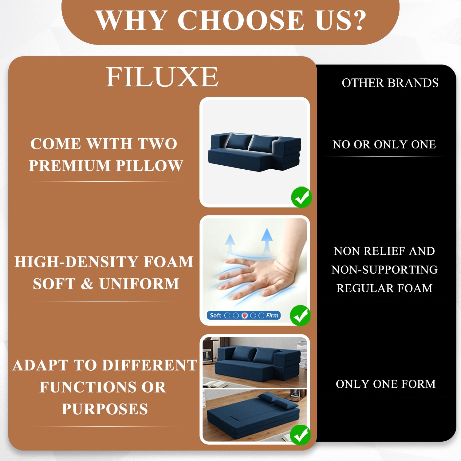 FILUXE Convertible Folding Sofa - Modern Linen Fabric Coffee Table, Foldable Floor & Futon Couch, with Pillow for Living Room/Dorm/Guest Room/Home Office/Apartment,Twin,Navy Blue