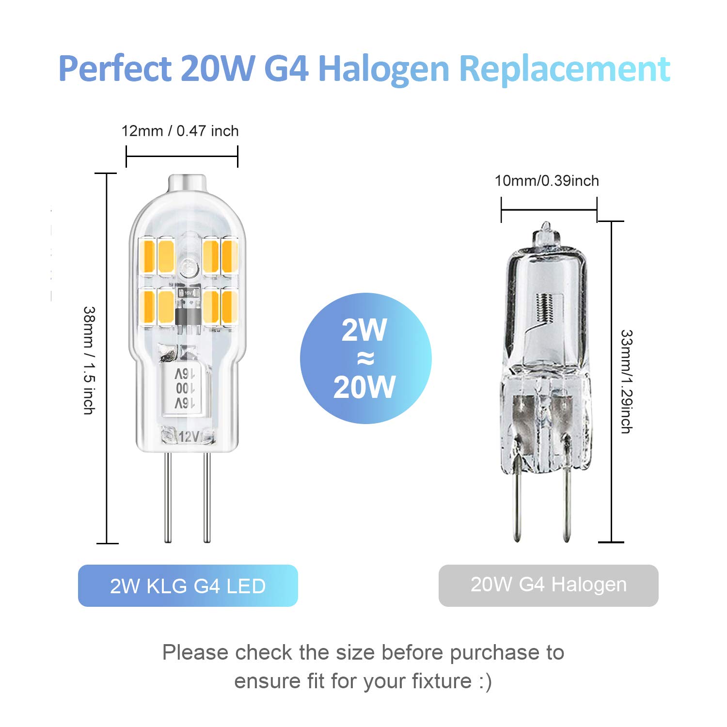 G4 LED Bulb 2W 12V, 20W Halogen JC Bulb Replacement, G4 Bi Pin Bulb, Warm White 3000K 200lm, No Flickering, 10-Pack