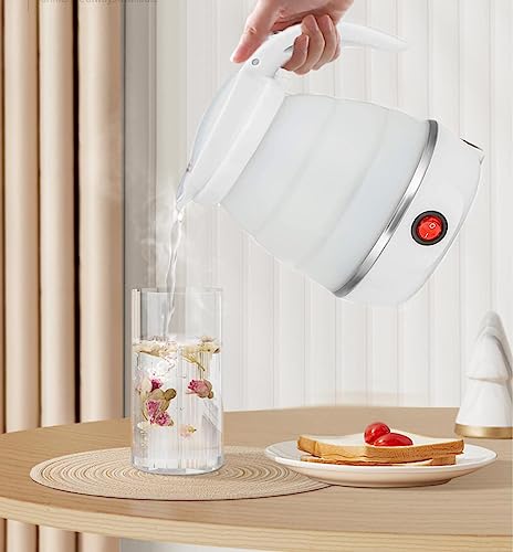 Foldable Electric Travel Kettle - Portable and Convenient Silicone Collapsible Water Boiler and Tea Pot for Camping - Easy Storage with Detachable Power Cord （White）