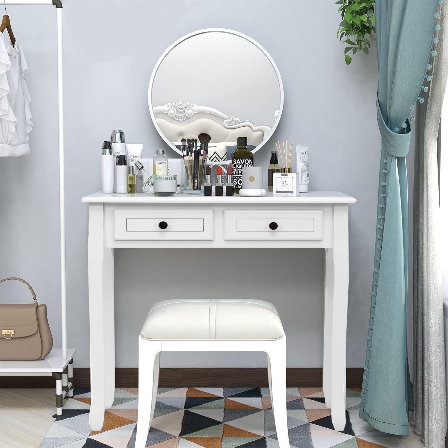 DMAITH Small Writing Desk with Hutch, 32 Inch Home Office Desk with Drawers, Study Table Computer Desk for Student, Vanity Makeup Dressing Table Save Space for Bedroom, White