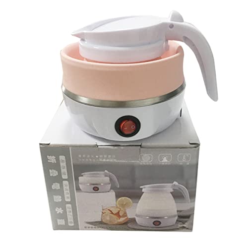 Foldable Portable Electric Kettle with Food Grade Silicone, 9 Mins Fast Water Boiling Tea Pot Coffee Pot for Camping or Travel, Collapsible Kettle with Separable Power Cord 110V US Plug 600ML Pink