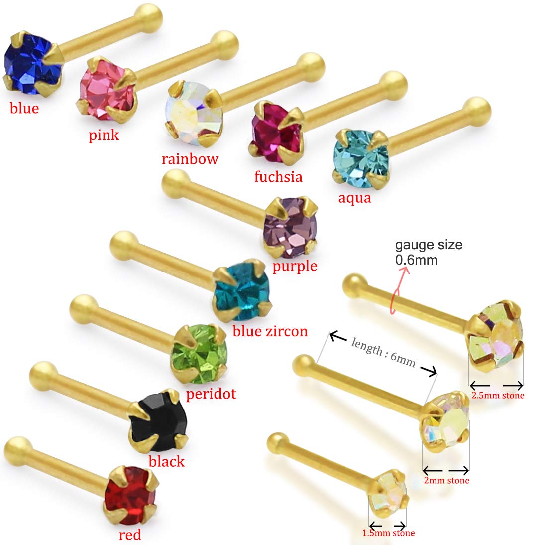 AtoZ Piercing 2MM Aquamarine Genuine Crystal Stone 14ct Solid Yellow Gold 22 Gauge - 6MM Length Nose Bone Nose Stud