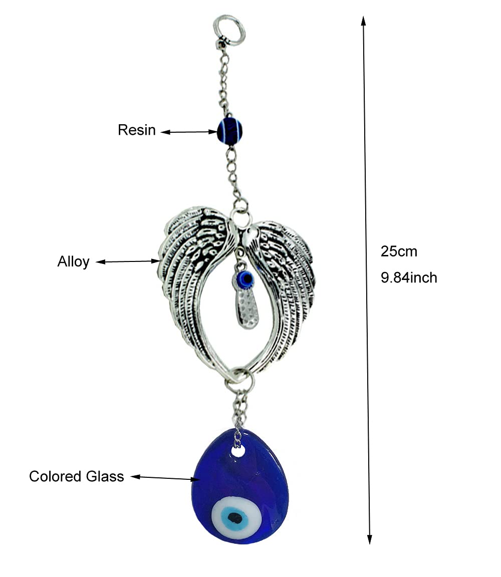 Hallwayee Creative Evil Eyes Wall Pediments Alloy Hanging Decor Glass Devil’s Blue Eyes Pendant Handcraft Hanging Ornament for Car Window Home Garden Office (Angel Wings)