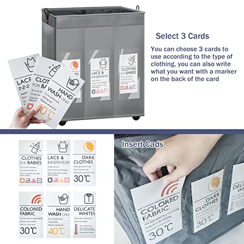 DEDU 120L Laundry Sorter 3 Section Heavy Duty, Extra Large Slim Laundry Hamper Rolling, Collapsible Laundry Basket with Wheels and 2 Leather Handles (Dark Gray)