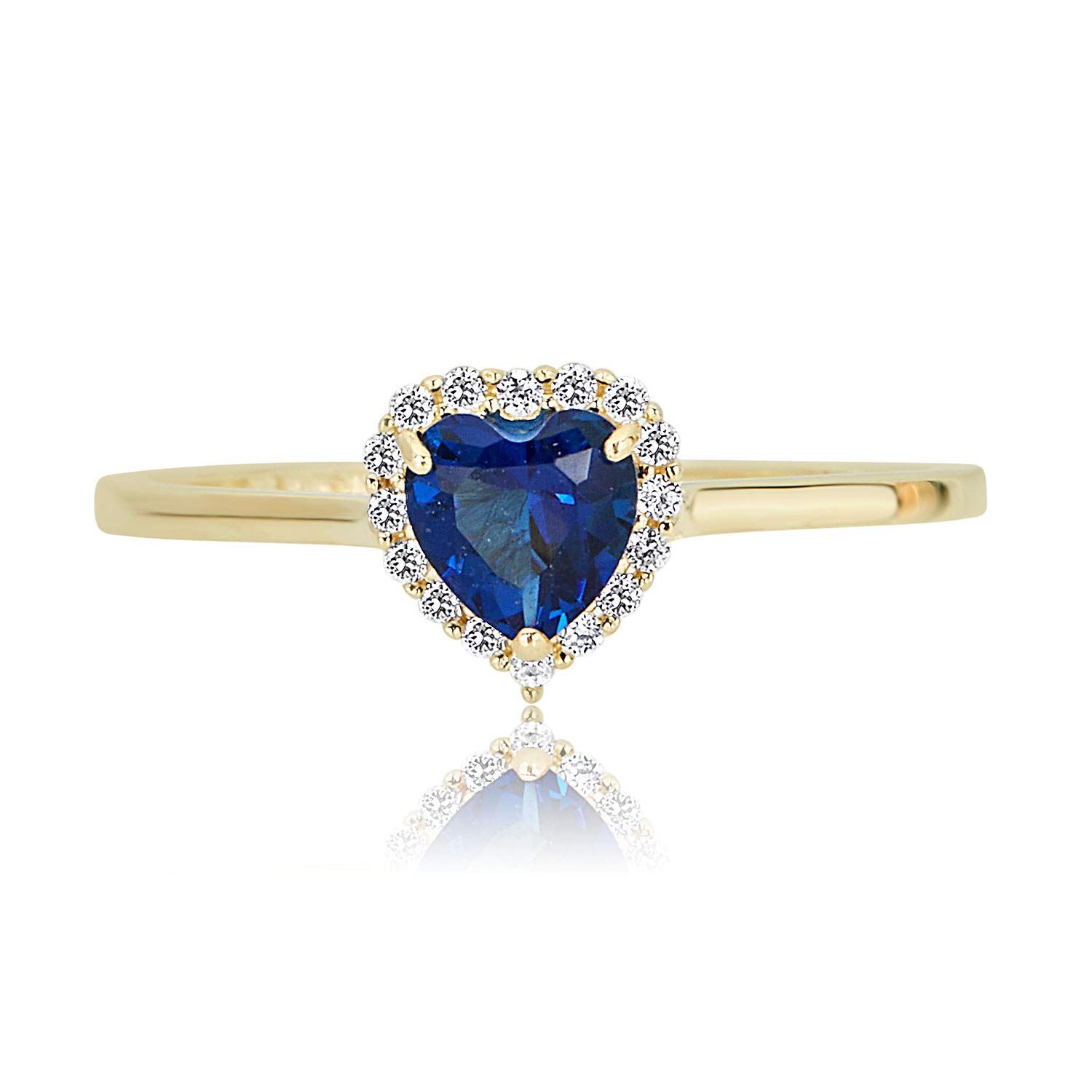 AVORA 10K Yellow Gold September Birthstone- Blue Sapphire with Simulated Diamond CZ Heart Halo Fashion Ring - Size 8