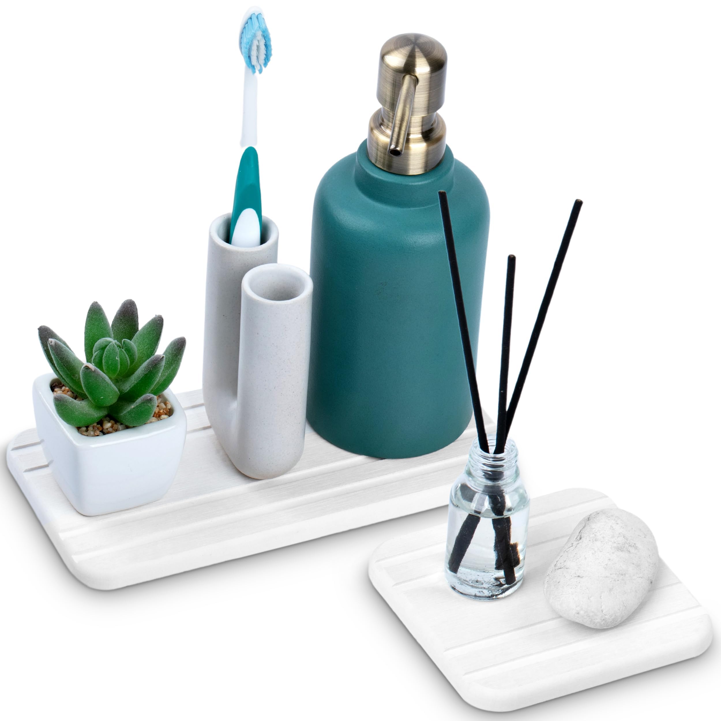 Maison Stone Bathroom Tray w/Bonus Vanity Tray. Absorbent Bathroom Trays for Counter. Multipurpose 8x4 Countertop Tray. Perfume Tray. Kitchen Soap Tray. Time Saving Bathroom Counter Tray.