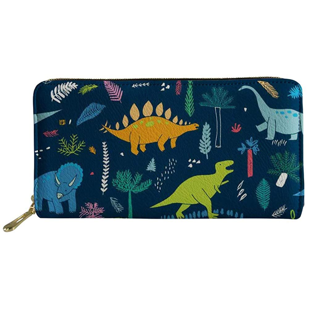 JEOCODY Cartoon Leaves Tree Dinosaur Triceratops Brachiosaurus Stegosaurus Tyrannosaurus Women Wallet Leather Zip Phone Clutch Large Travel Organizer Coin Purse Navy Blue