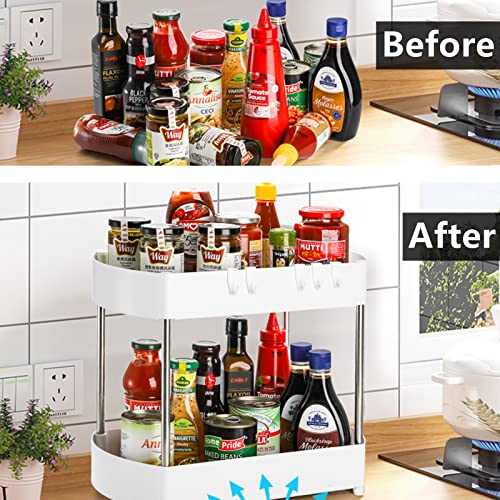 Dicunoy Under Sink Organizer and Storage, Plastic Under Cabinet Shelf for Bathroom, Multi-Purpose White 2 Tier Counter Side Organizer Bins with Hooks for Kitchen, Coffee Bar, Office, Table