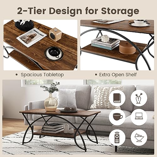 COSTWAY 2-Tier Coffee Table, Industrial Wood Accent Table with Storage Shelf and Gold Finished Metal Frame, Chic Rectangular Side End Table for Living Room Office Lounge (Coffee)
