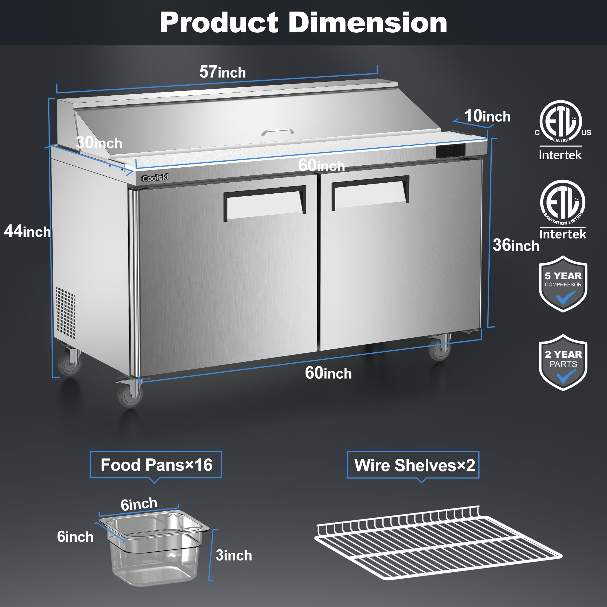 Coolski 60ββ W 2 Door Commercial Refrigerator, Refrigerated Sandwich Salad Prep Table with 16 Pans/Mega Top/Cutting Board, 18 Cu.Ft. Large Capacity Stainless Steel ETL NSF Approved