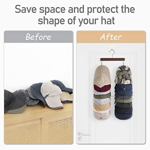 Dahey Hat Organizer for Closet Set of 2 Hat Racks for Baseball Caps Hat Holder Organizer with 32 Stainless Steel Clips, Wooden Cap Holder Hangers Display for Door Closet Storage, Fits All Caps