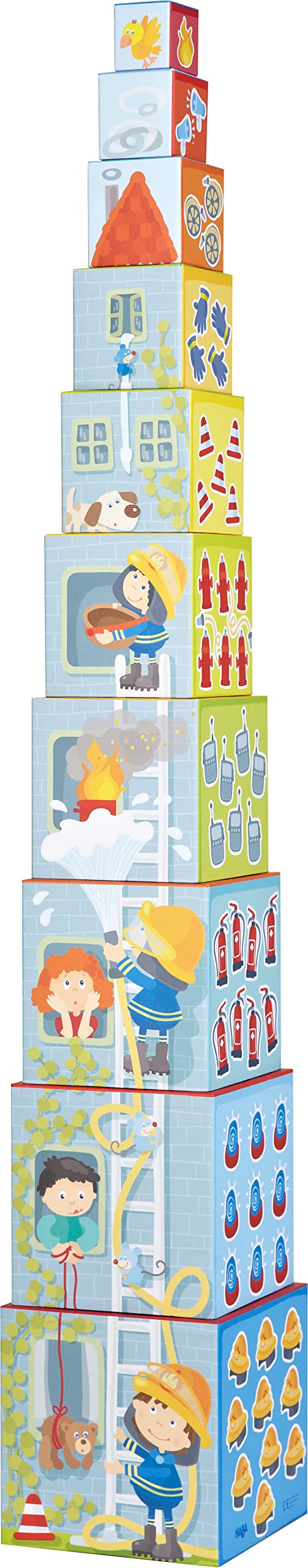 HABA Fire Brigade Sturdy Cardboard Nesting & Stacking Cubes - Reinforcing Numbers 1-10 with Rescue Themes on Each Side