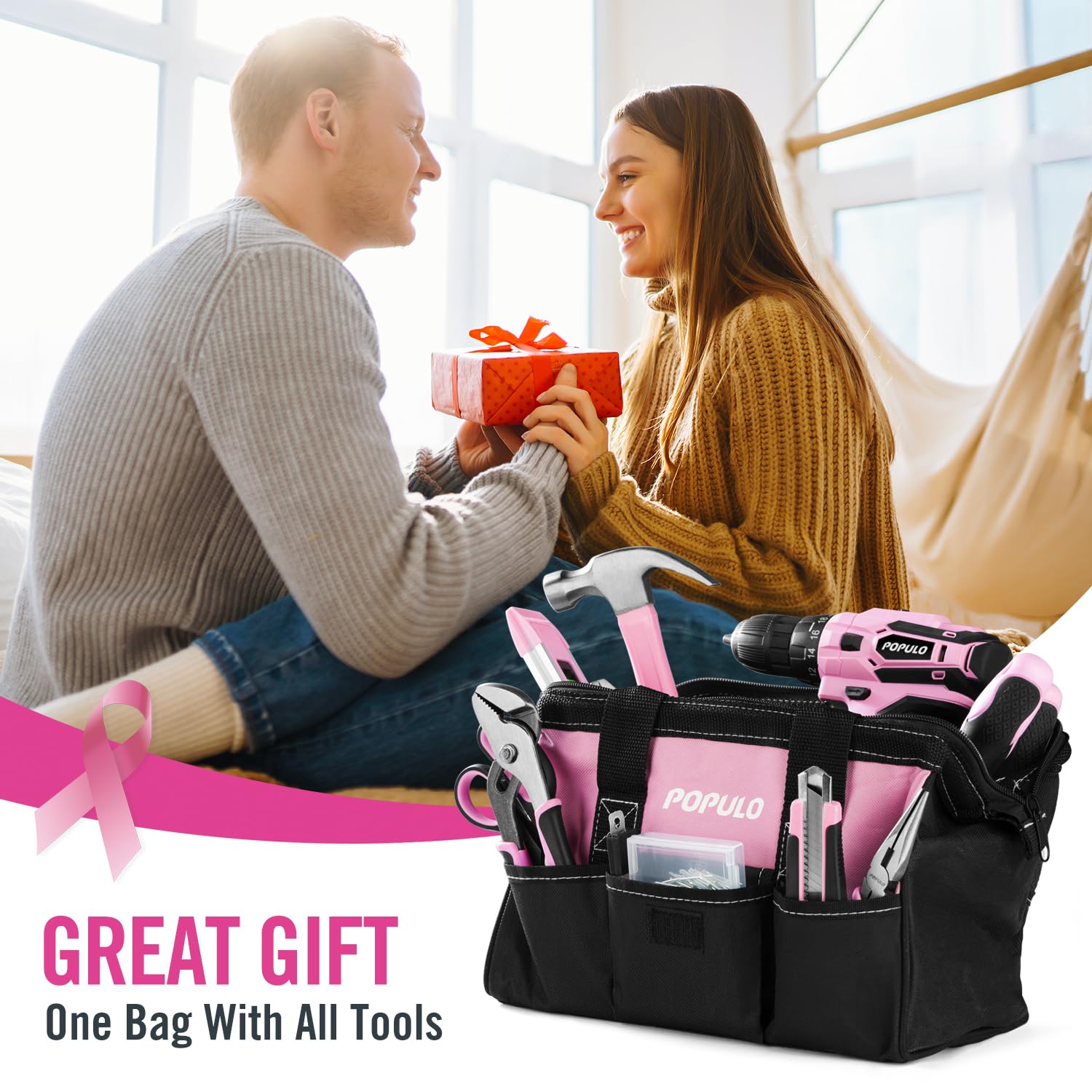 POPULO Pink Tool Kit 236-Piece with Cordless 20V 2000mAh Power Drill Driver, Lady's Basic Home Tool Set with 12-Inch Pink Tool Bag, Electric Drill Sets Combo Kit for Women, House, DIY