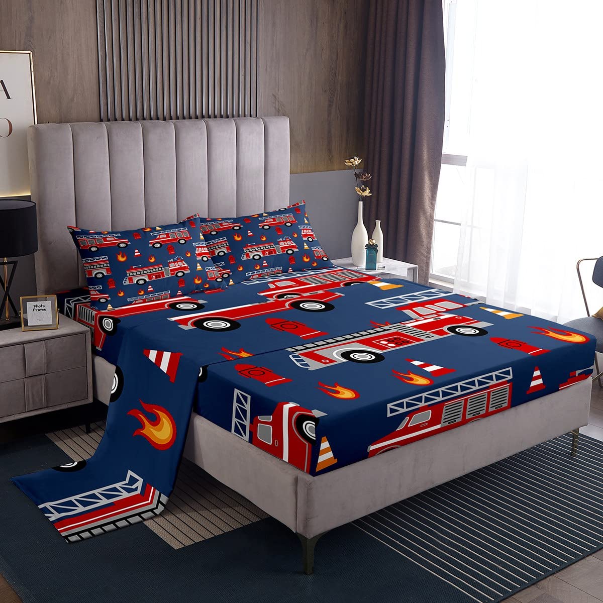 Cartoon Car Bed Sheets Set Fire Truck Sheet Set for Kids Boys Girls Room Decor Firefighter Sheets with Deep Pocket Fitted Sheet Firemen Car Vehicle Fire Engine Blue Red Bedding Set 4Pcs Full