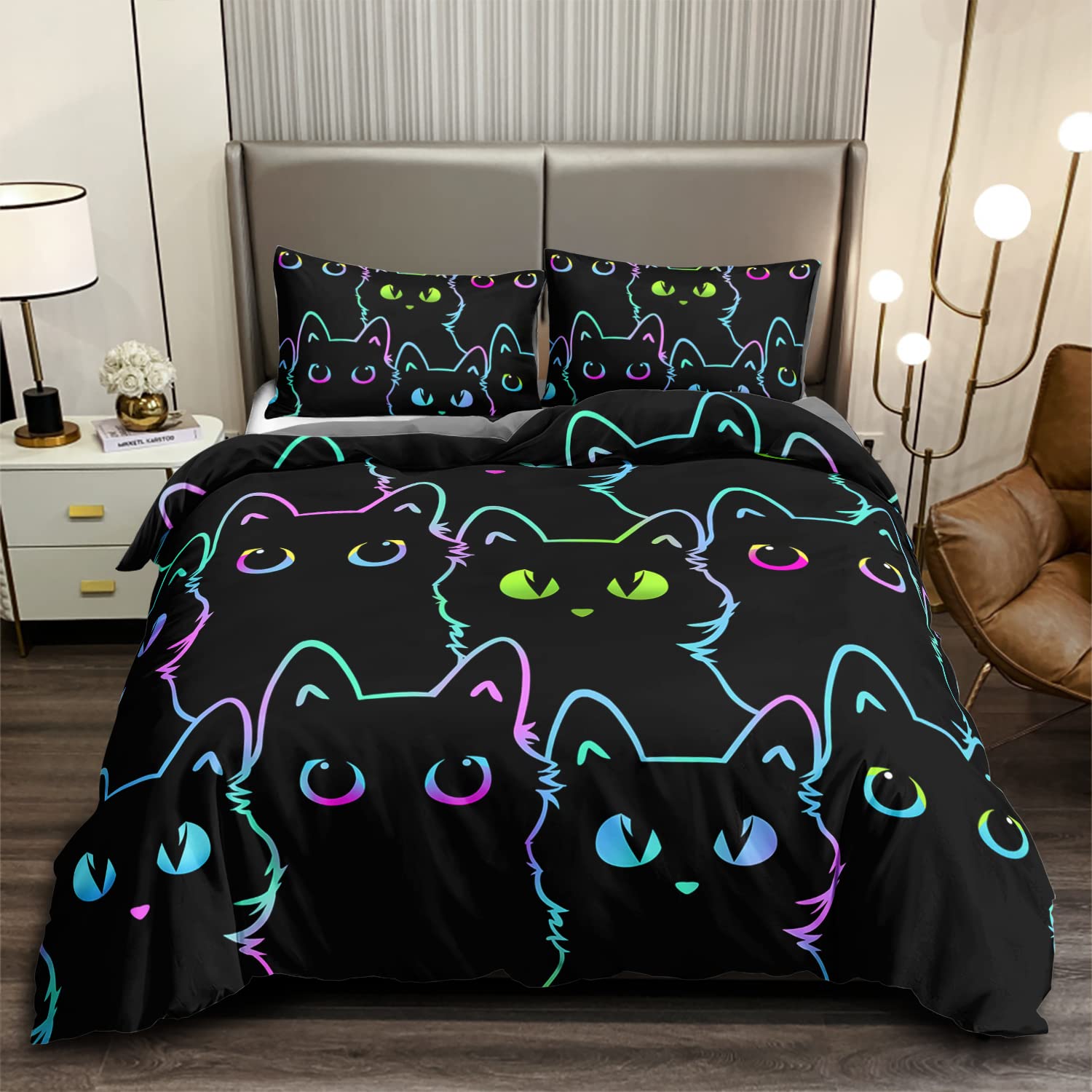 Cartoon Cat Comforter Cover Set King Size,Gradient Line Cat Bedding Set,Cute Cat Duvet Cover Set with Zipper for Teens Kids Boys Girls Adults Room Decor,1 Quilt Cover 2 Pillow Cases No Comforter,Black