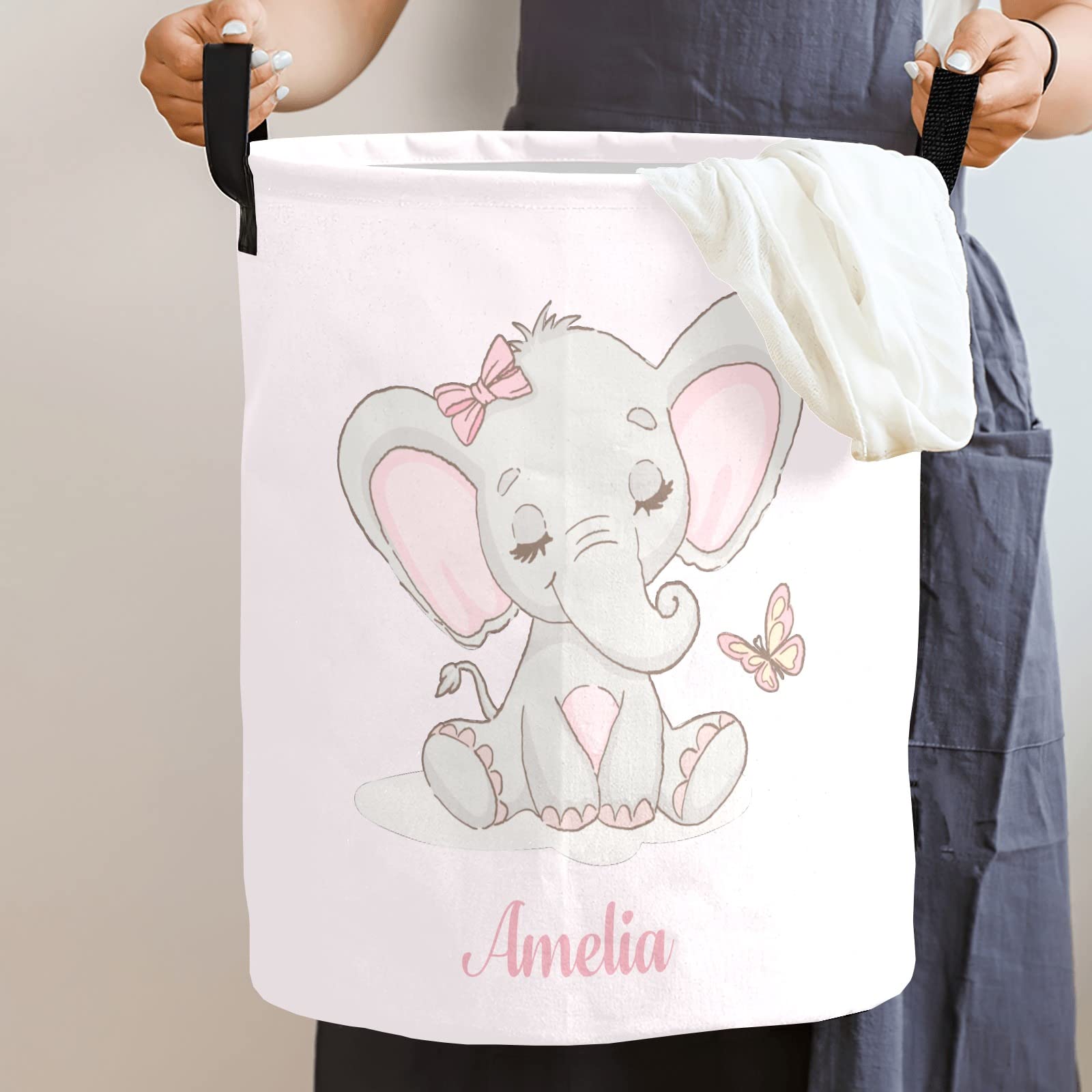 Baby Elephant Personalized Laundry Basket Clothes Hamper with Handles Waterproof,Collapsible Laundry Storage Baskets for Bathroom,Bedroom Decorative 19.7"Hx14.2"D