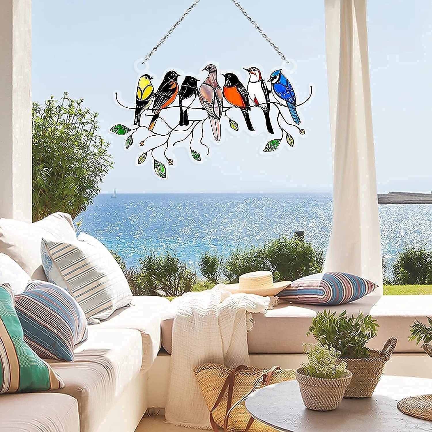 Decoeco Multicolor Birds on a Wire Wall Art Bird Wall Décor Bird Suncatchers for Window or Bedroom Wall Pediments Bird Decoration for Home Office Door Garden (7-Birds)